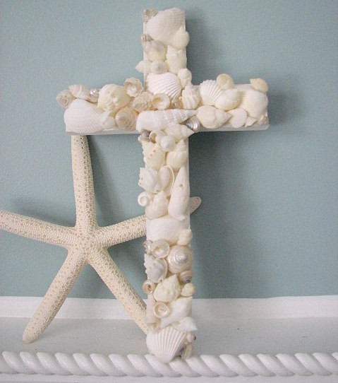 Cross, Hanging Shell Cross Covered In Pristine White Seashells, 10" on ...