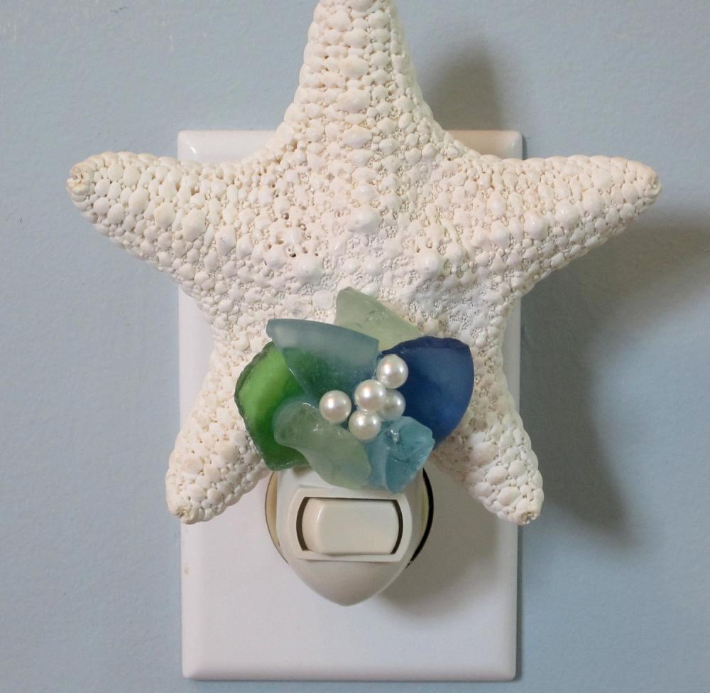 Beach Decor White Starfish Night Light W Sea Glass - Nautical Decor ...