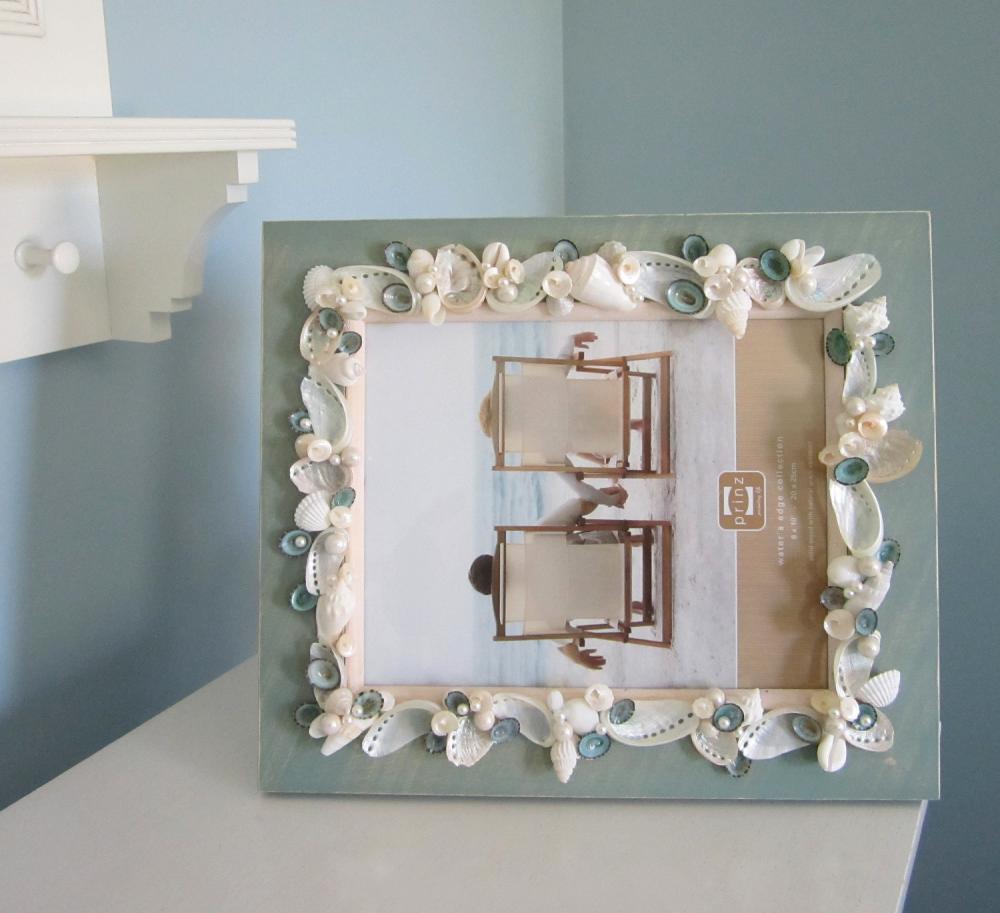 Beach Decor Seashell Frame - Nautical Shell Frame W Pearls & Aqua ...