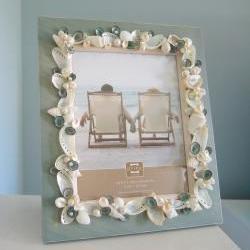 Beach Decor Seashell Frame - Nautical Shell Frame W Pearls & Aqua ...