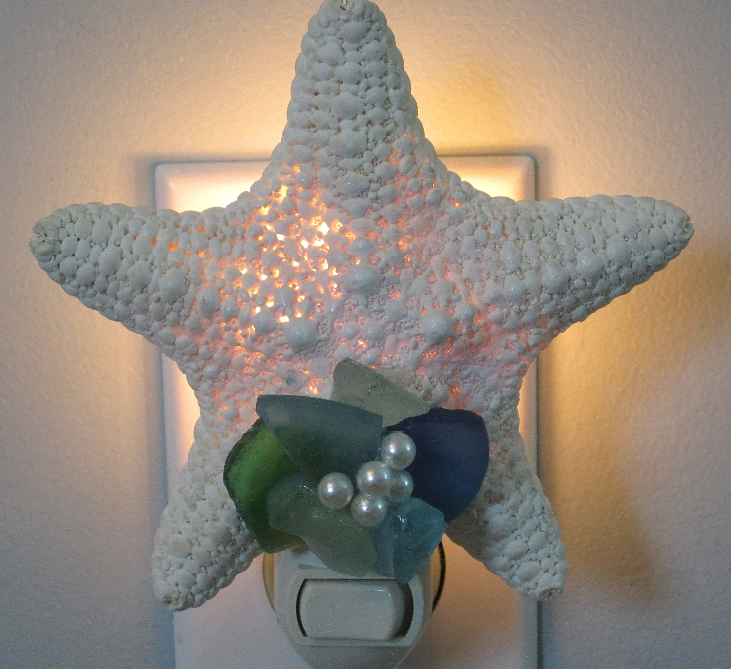 Beach Decor White Starfish Night Light W Sea Glass - Nautical Decor ...