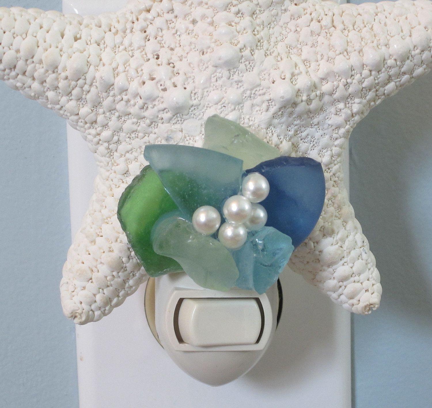 Beach Decor White Starfish Night Light W Sea Glass - Nautical Decor ...