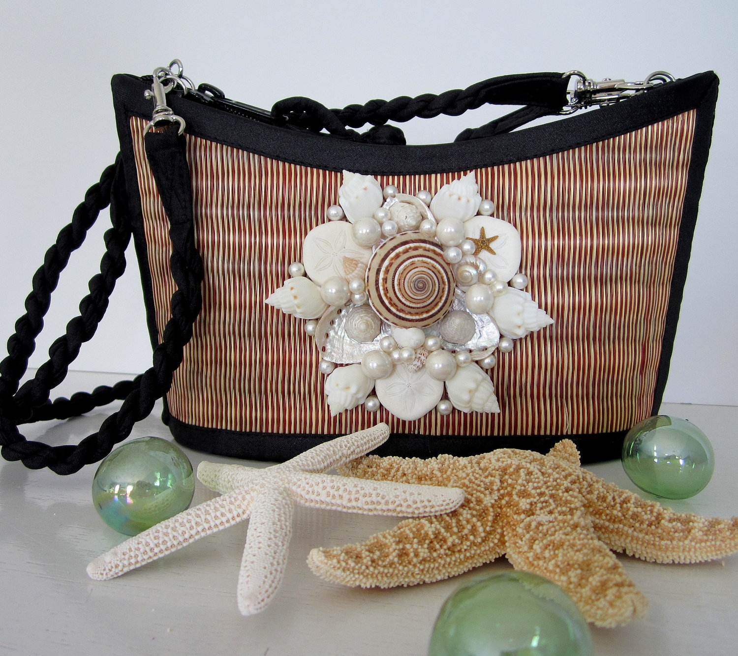 Nautical Seashell Purse - Sea Grass Woven Purse W Shell, Pearl ...