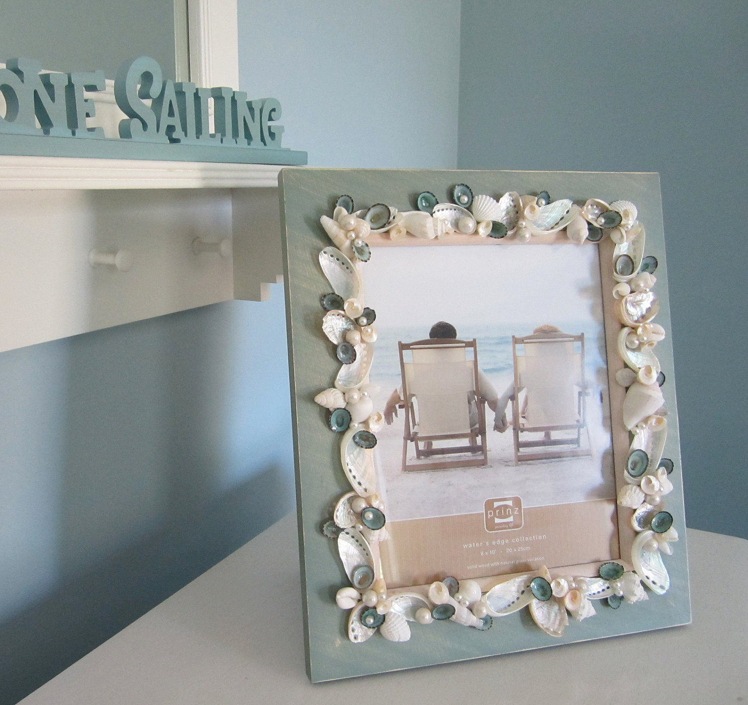 Beach Decor Seashell Frame - Nautical Shell Frame W Pearls & Aqua ...